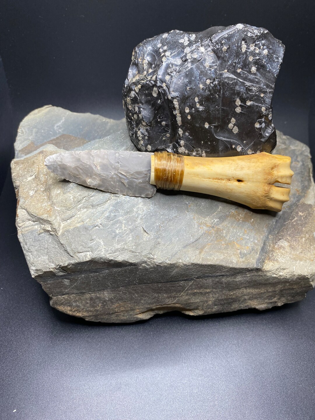 Knapped Stone Knife Georgetown Flint Blade Deer Leg Bone Handle Knapped ...