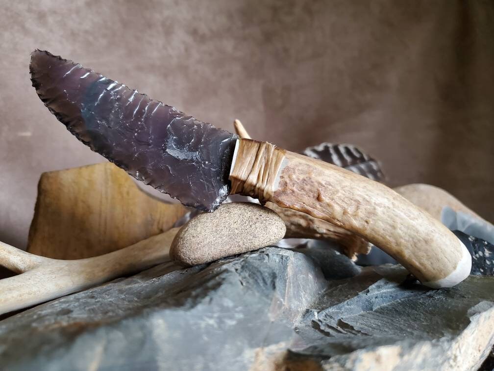 Collectibles Flintknapped Primitive Stone Knife Whitetail Antler Handle ...