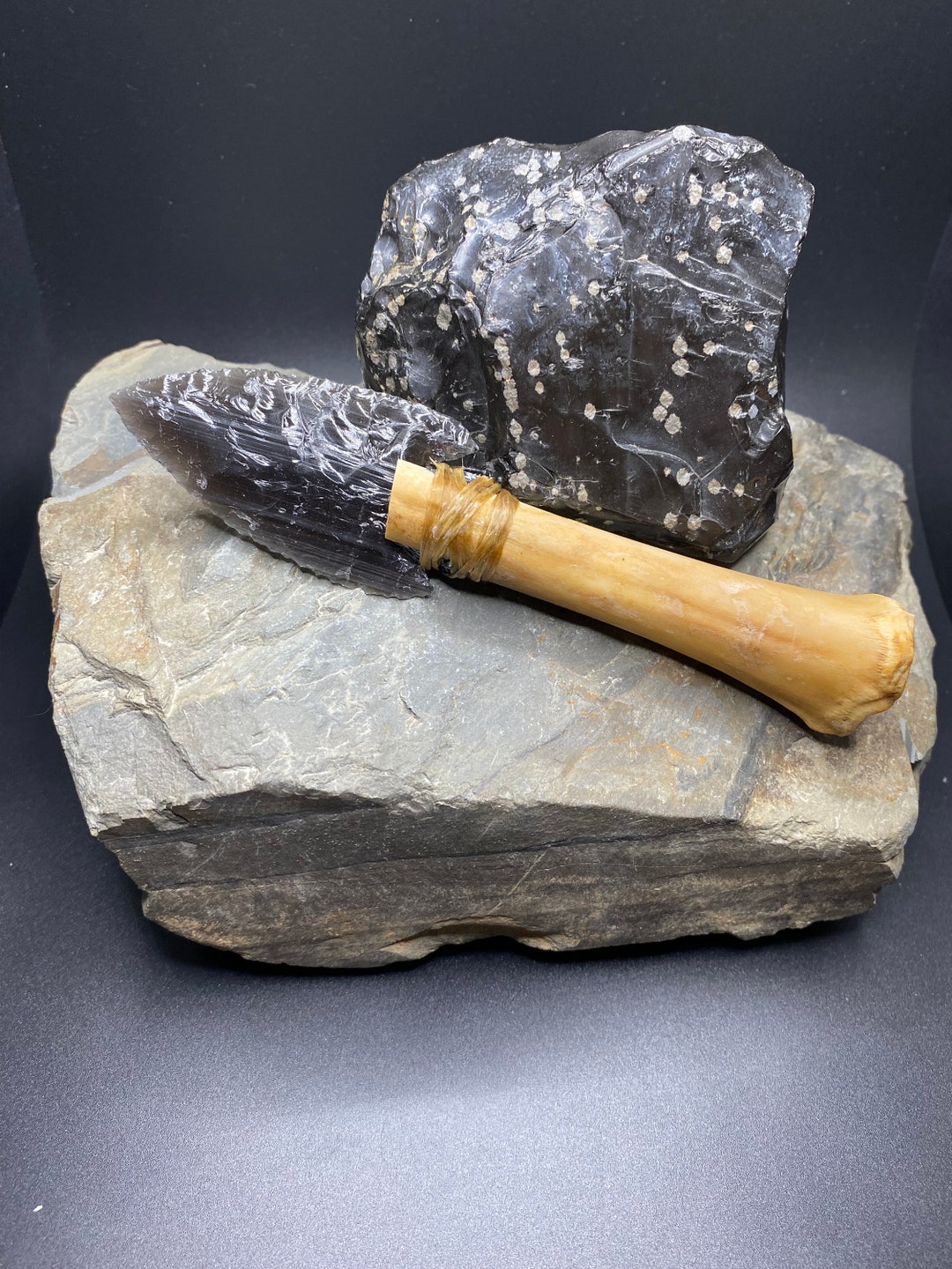 Knapped Stone Knife - Banded Obsidian Blade - Deer Leg Handle - Knapped ...