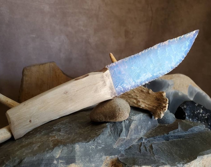 Fire Opal Glass Blade Knife - Wood Handle - Flintknapped Primitive ...