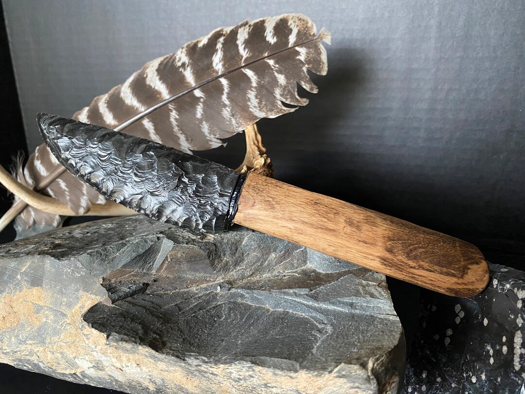 Knapped Stone Knife Silver Sheen Obsidian Blade Handmade Wood Handle ...