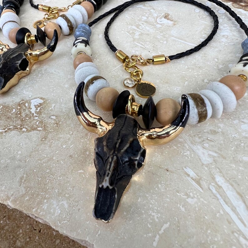 Western Bull Skull Necklace | Mixed Bead, Leather Rope Statement ...