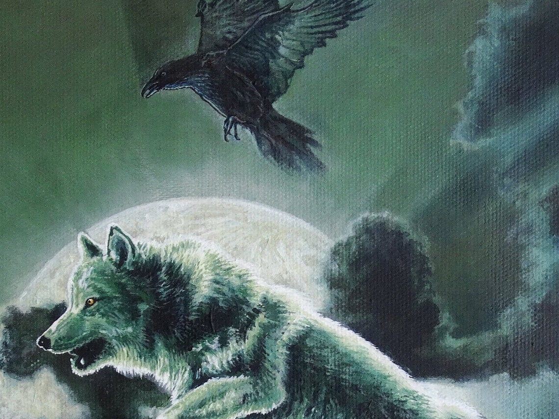 Wolf und Rabe Kunstdruck | Vollmond | Gotik | Pagan | Nordisch ...