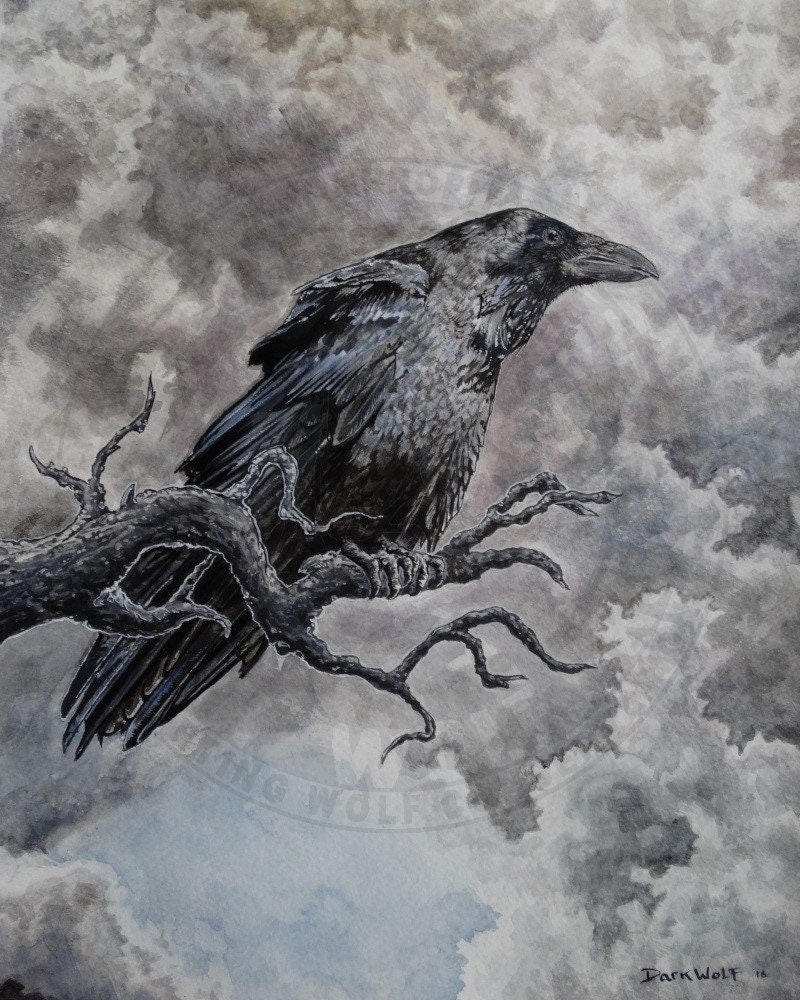 Raven Art Print Watercolour Corvus Corax Gothic Tree Dark - Etsy