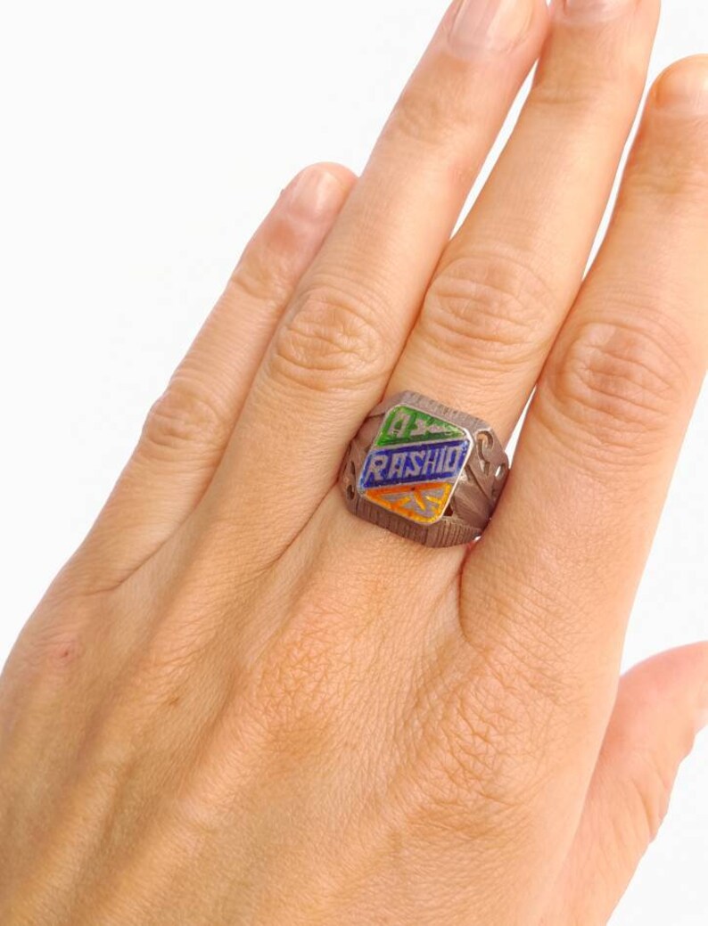Antique Enamel Rashid Name Ring Size 8 Muzzafarabad Pakistan Silver ...