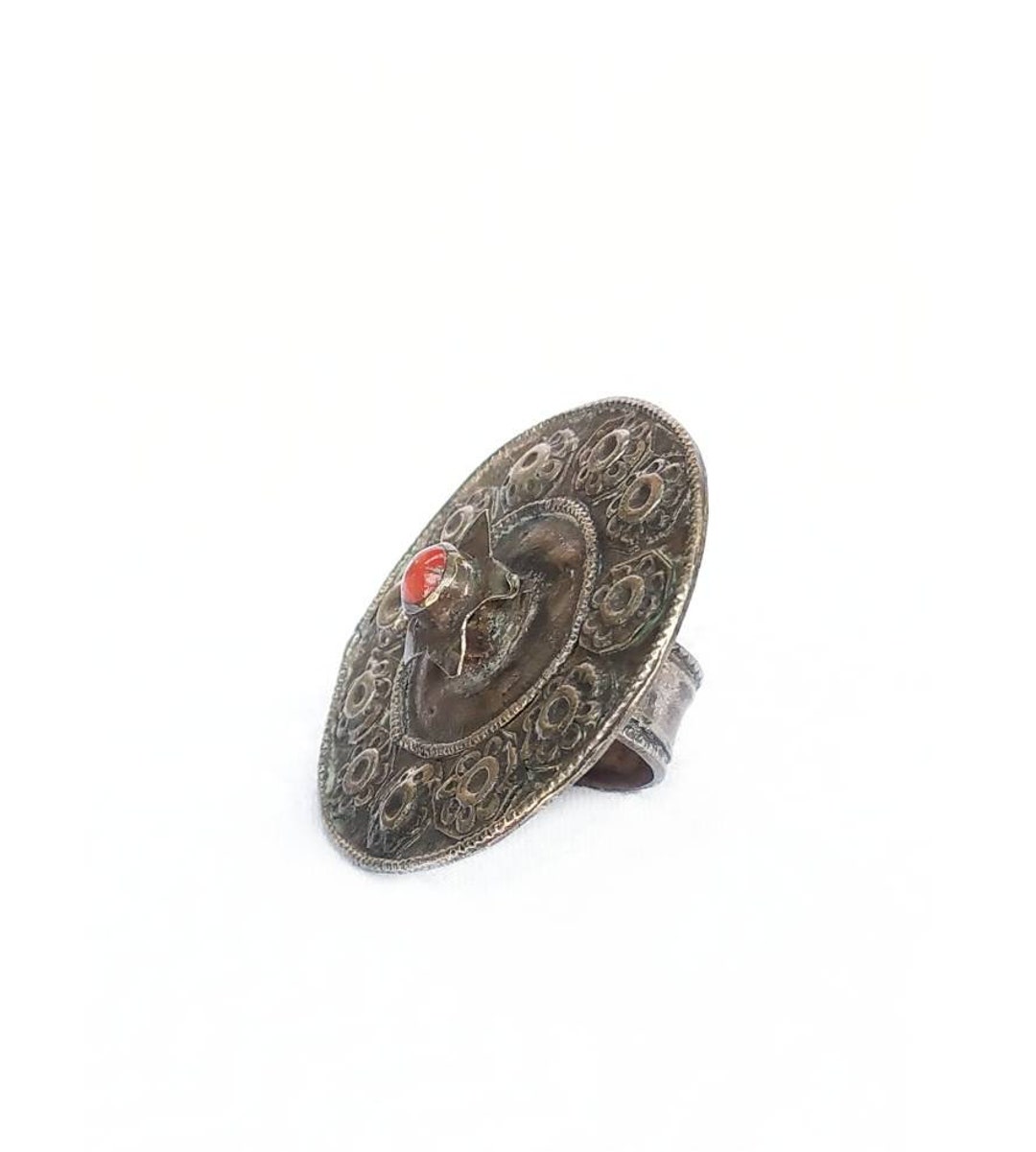 Ancient Embossed Silver Coral Ring Yomut Tribe Turkmenistan Large Disk ...