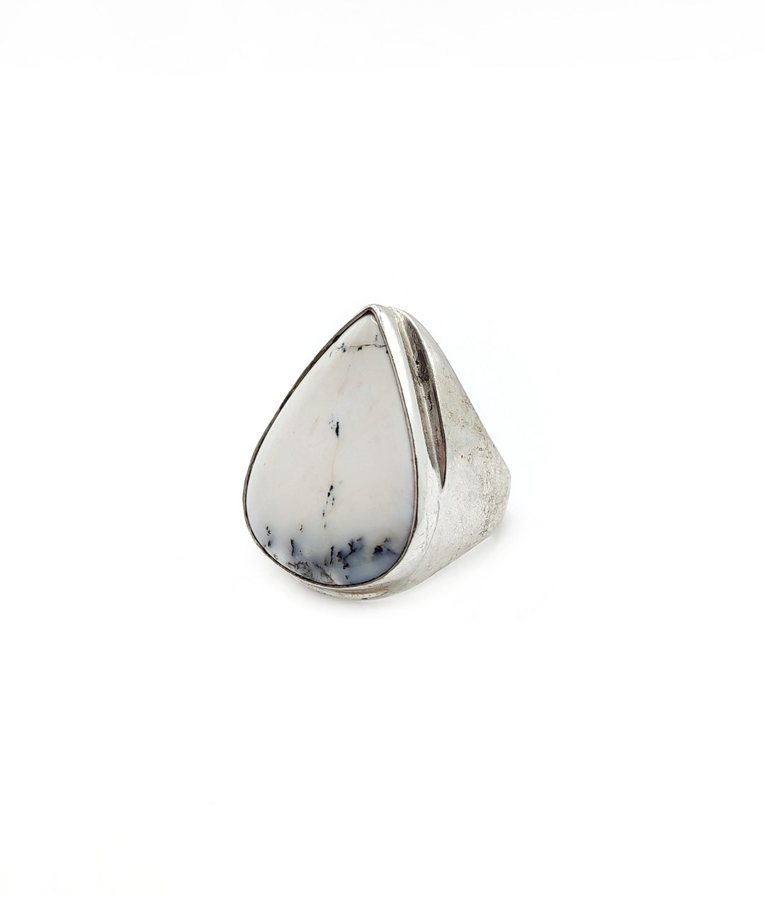 Chunky Tree Agate Ring Silver, Big White Stone Silver Ring Drop Shape ...