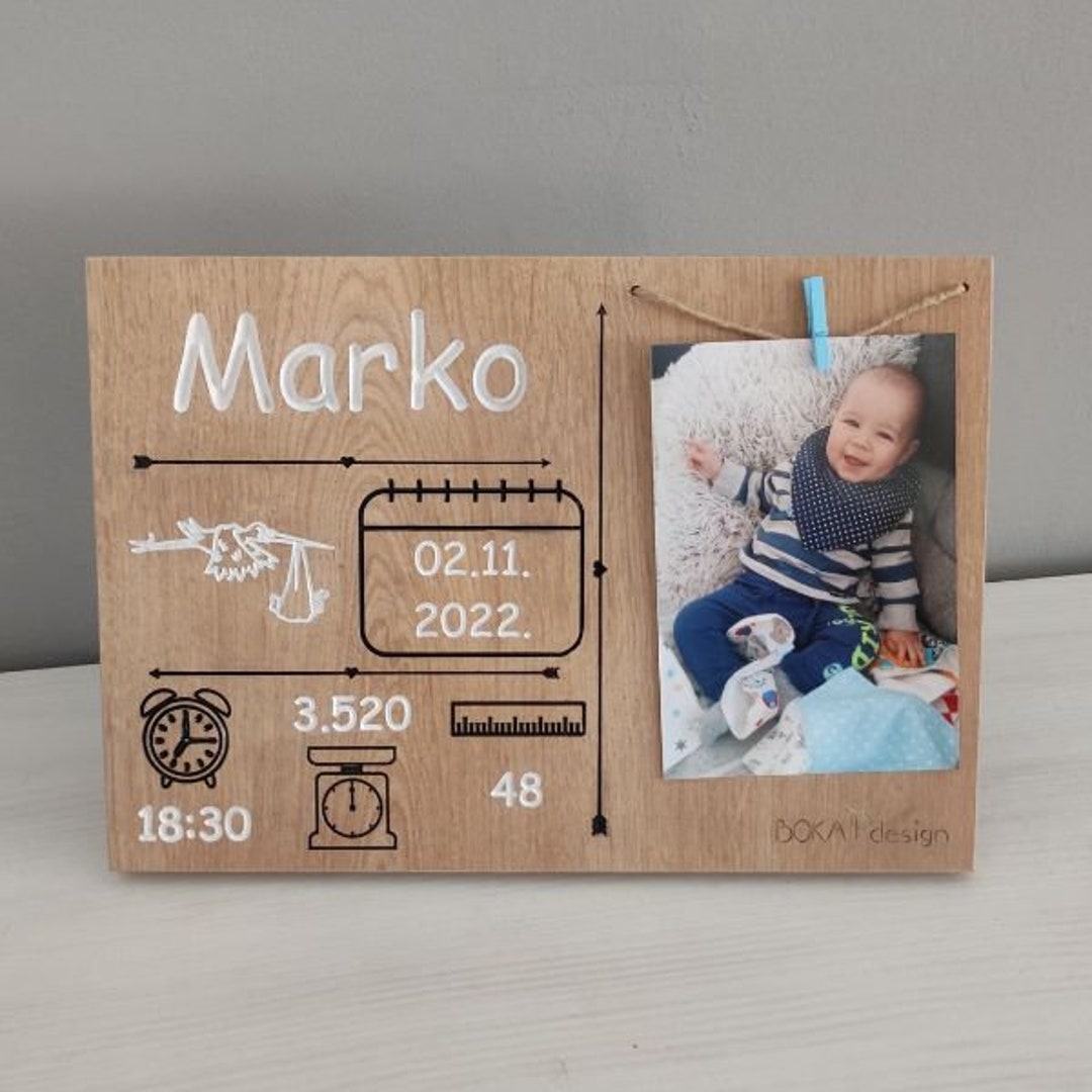 Personalized Wooden Baby Photo Frame - Custom Engraved Newborn Stats ...
