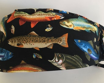 Scrub Cap for Men, Fishing Lures Surgical Hat, Fish Nautical Tie Back ...