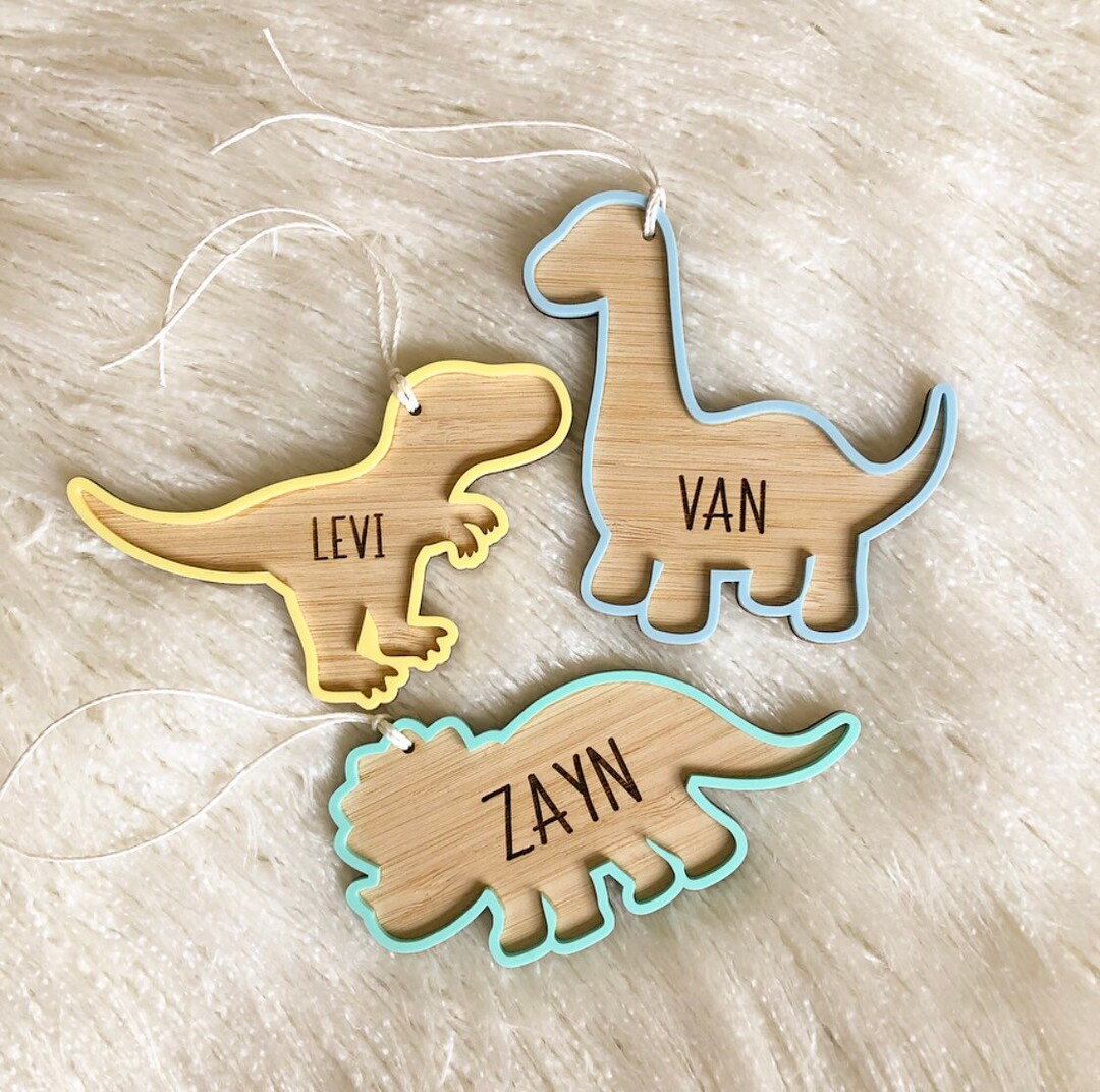 Dino Wooden Bag Tags, Personalised Dinosaur Bag Tag, Keyring, Bag Charm ...