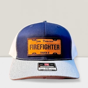 Custom Fire Department License Plate Hat, Firefighter Leather Patch Hat ...