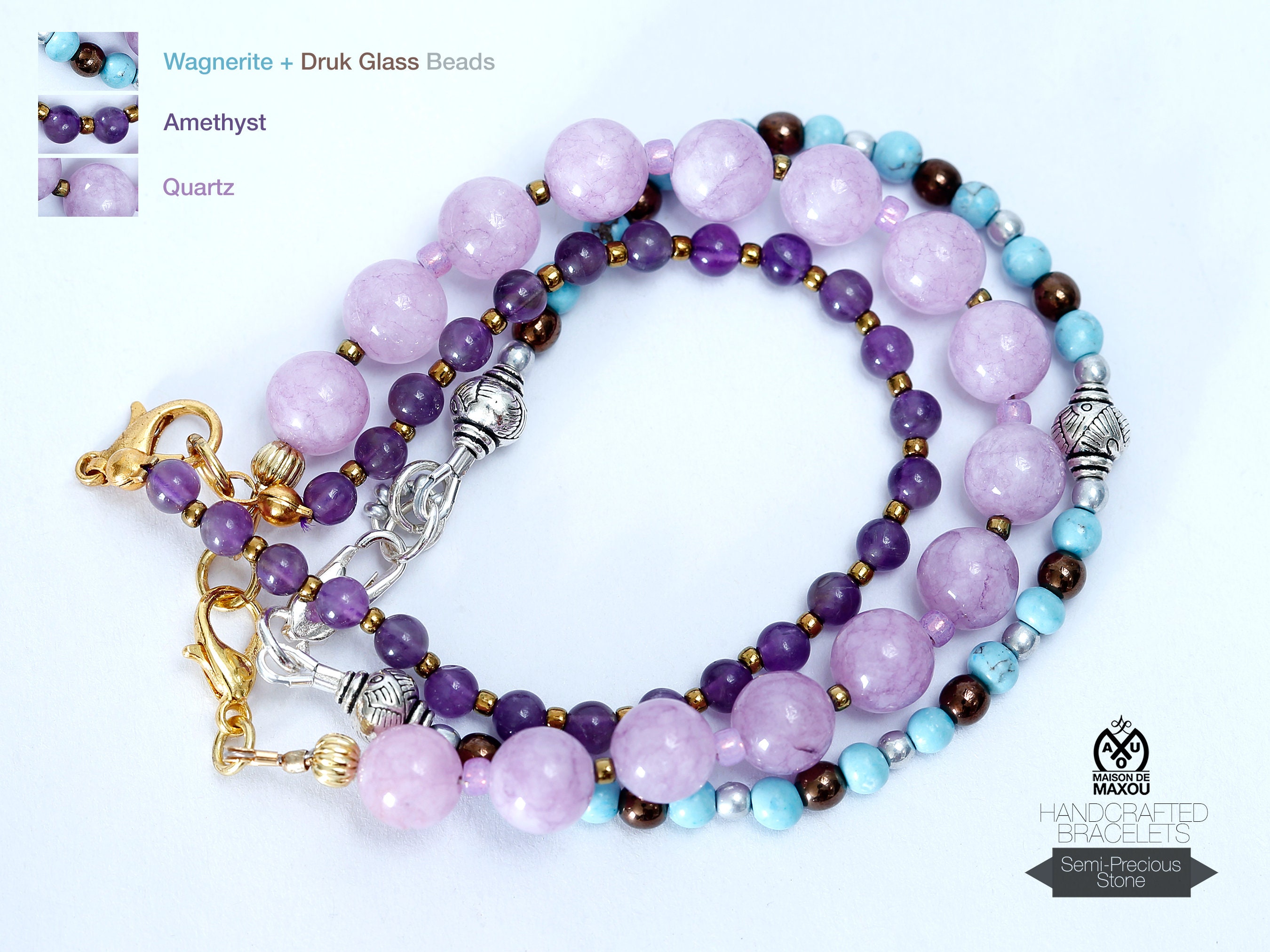 Semi-precious Stone Bracelets I Natural Stone I Pink Quartz, Amethyst ...