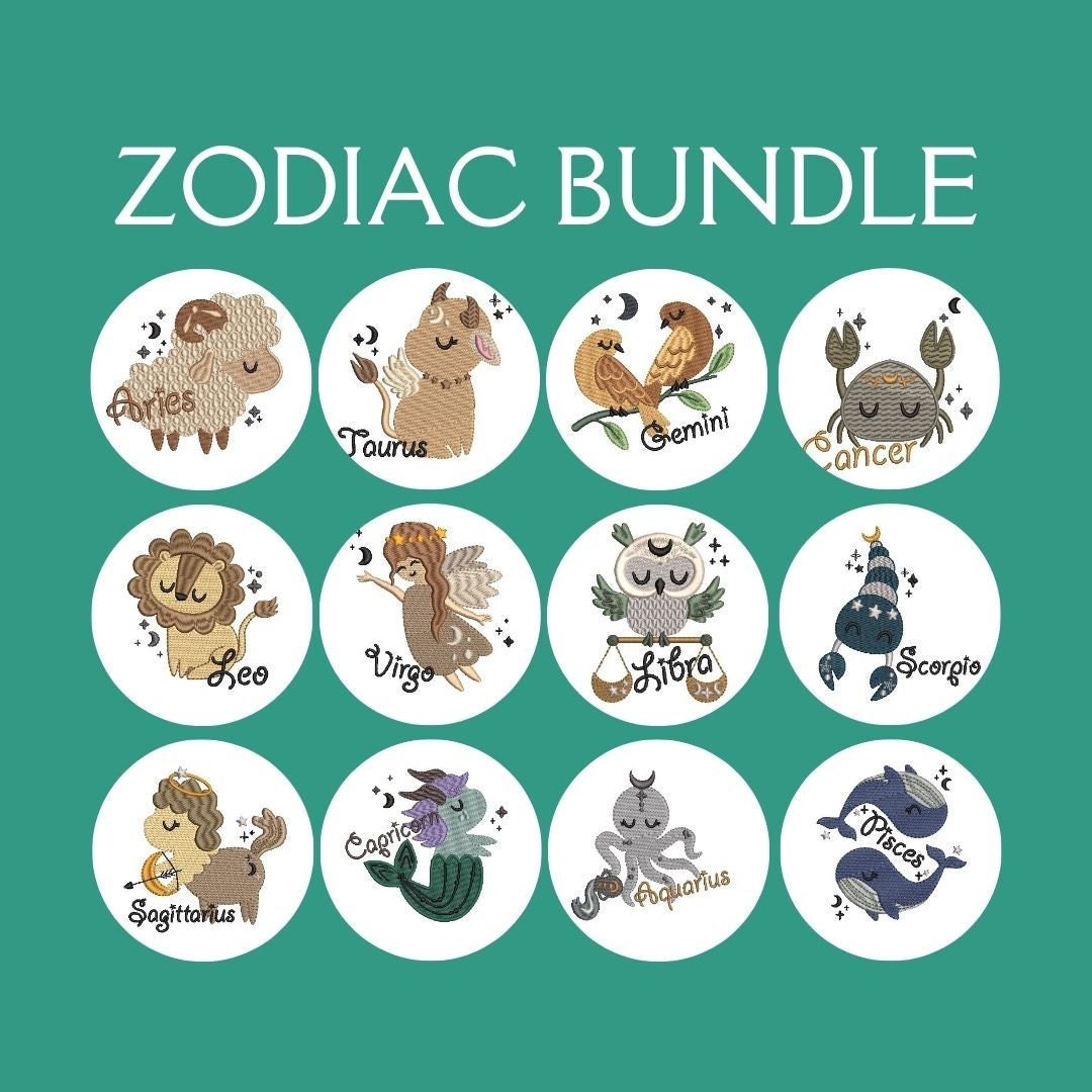 Zodiac Horoscope Embroidery Bundle, Embroidery File Bundle, Birthday ...