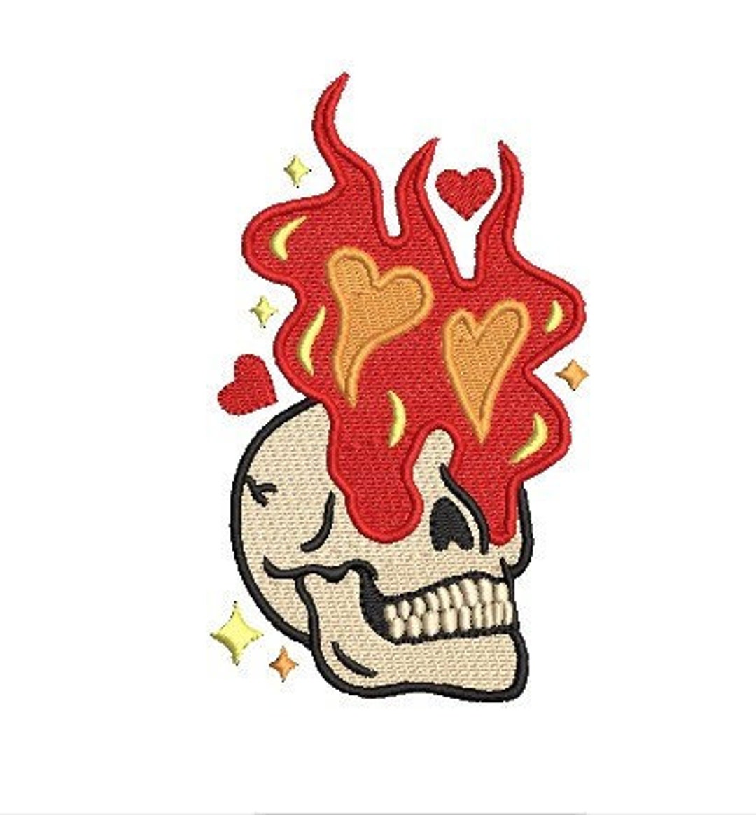 Flaming Skull Eyes, Biker Style Embroidery, Y2K Skull and Flames ...