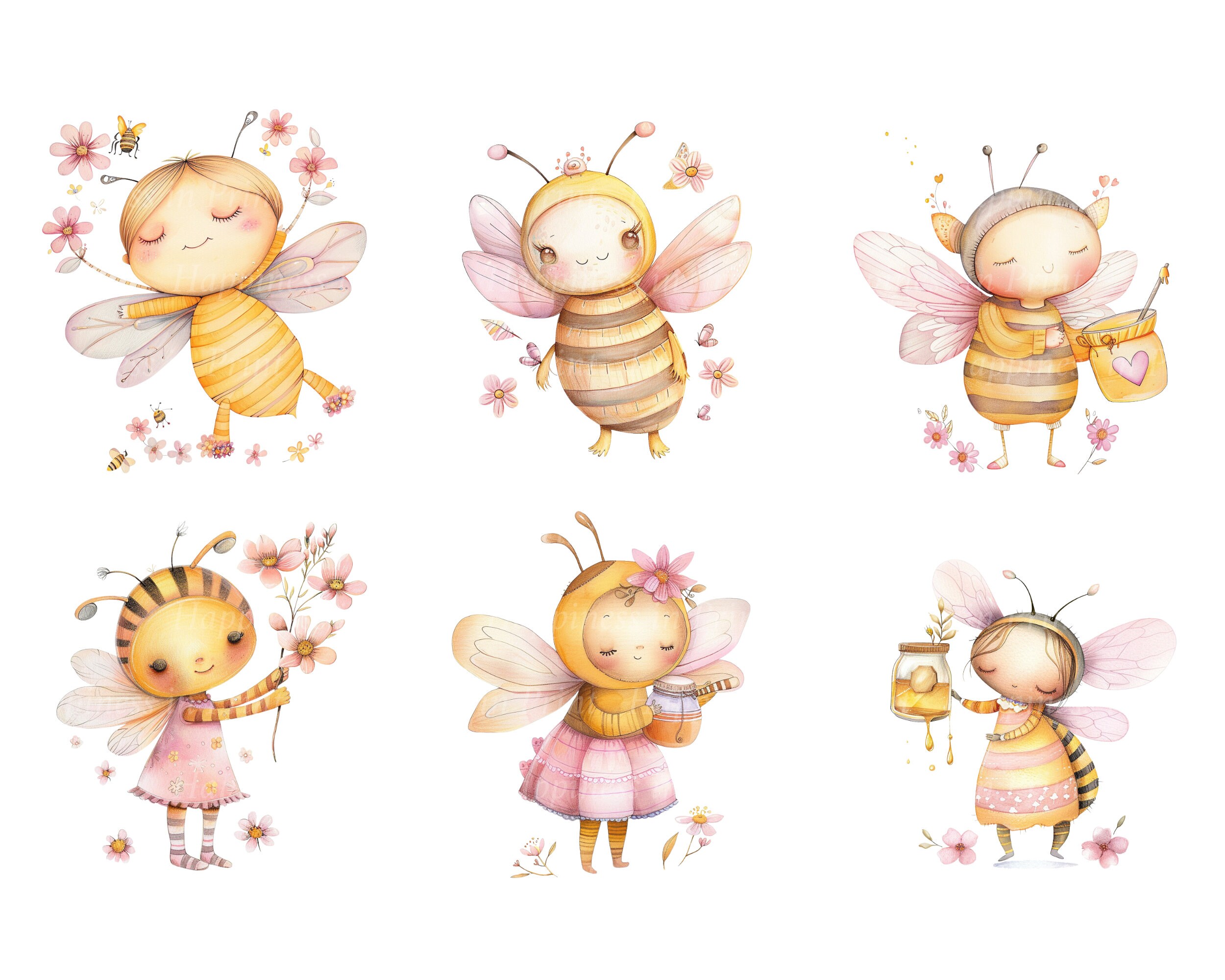 Watercolor Cute Bee Clipart Bees Clip Art Cute Animals Pastel Pink Bee ...