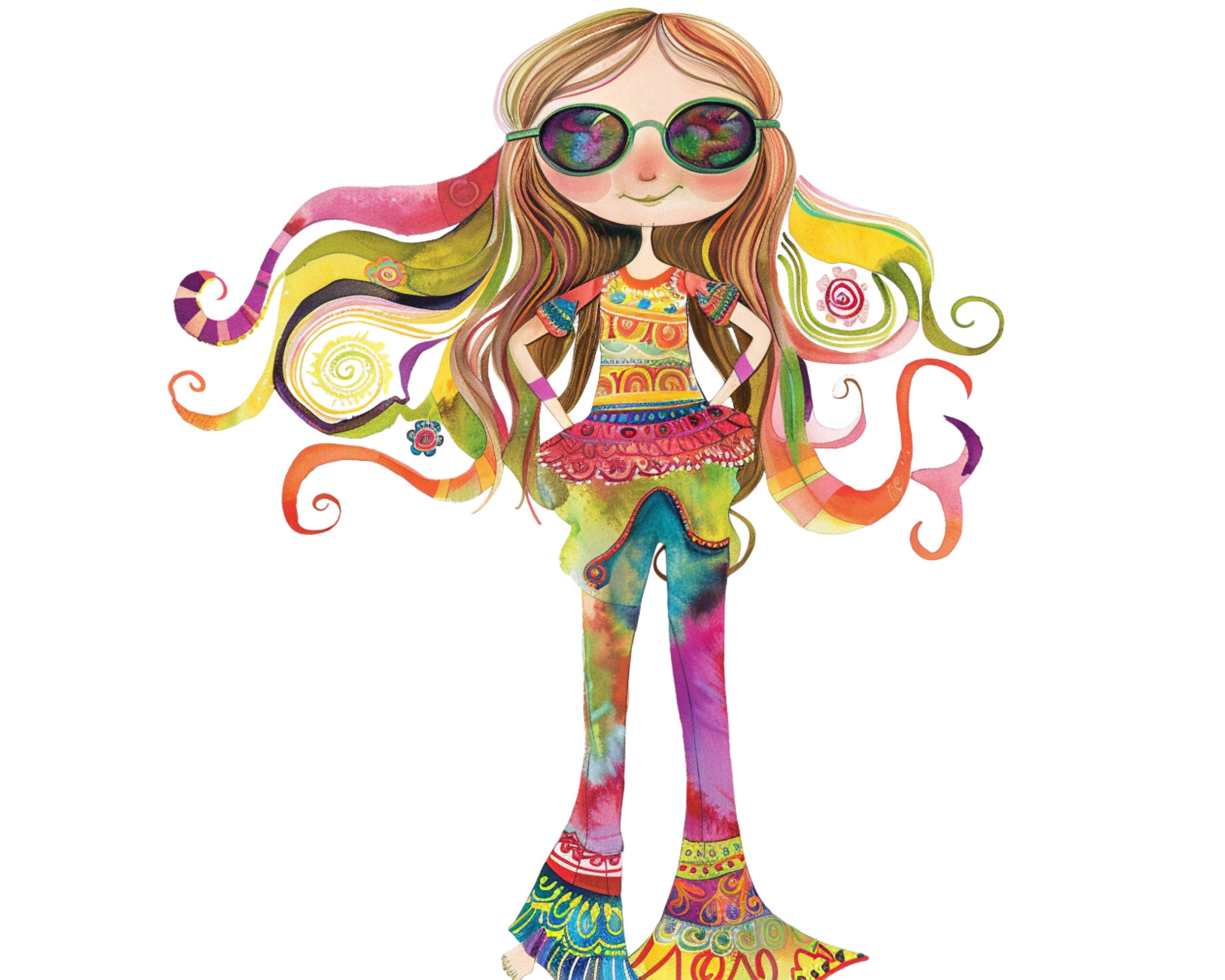 Whimsical Hippie Girl Clipart, Quirky Cat Clip Art, Mixed Media Hippie ...