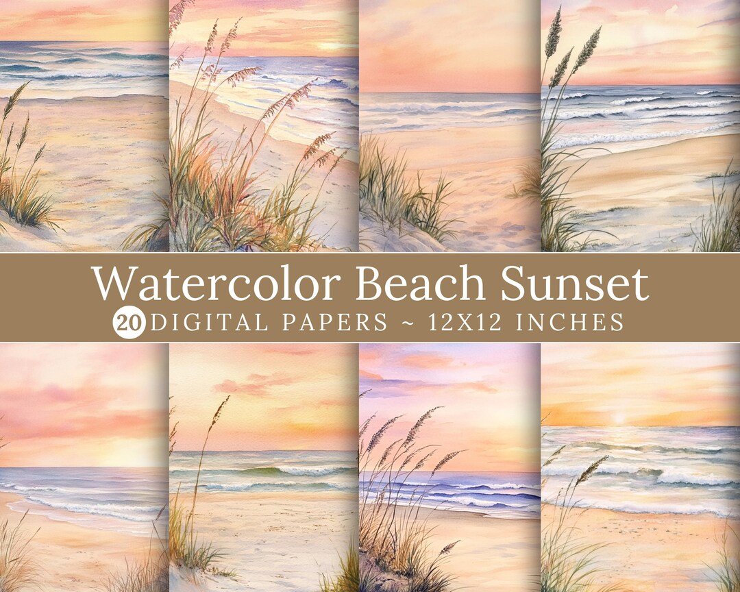 Beach Sunset Digital Paper | Watercolor Seascapes | Instant Download ...