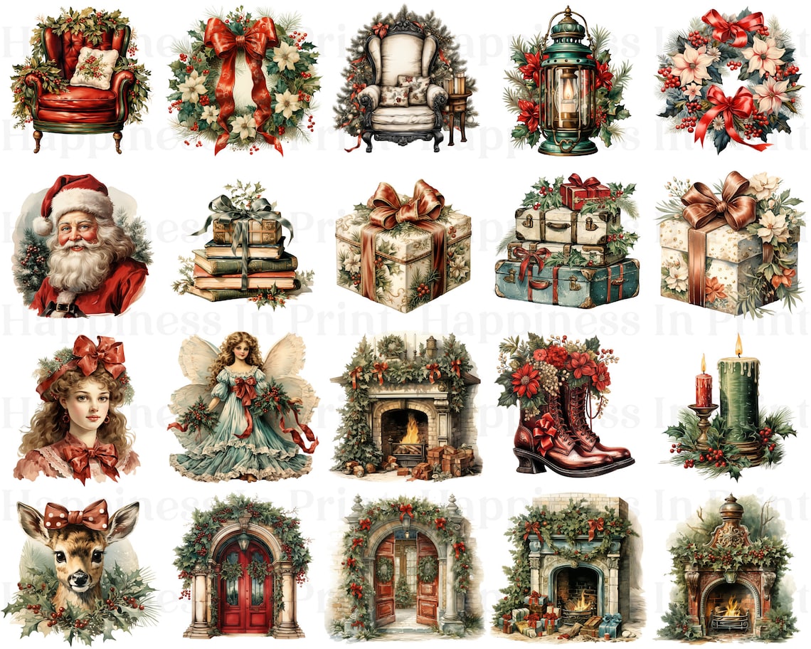 Vintage Watercolor Christmas Clipart Bundle Vintage Christmas PNG Junk ...