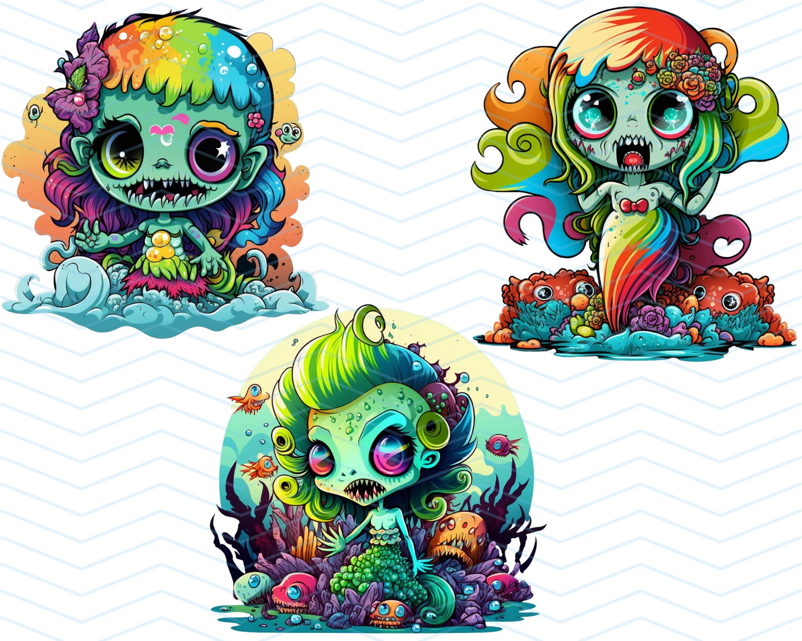 Zombie Little Mermaid Clipart Kawaii Scary Fish Mermaid PNG Rainbow ...