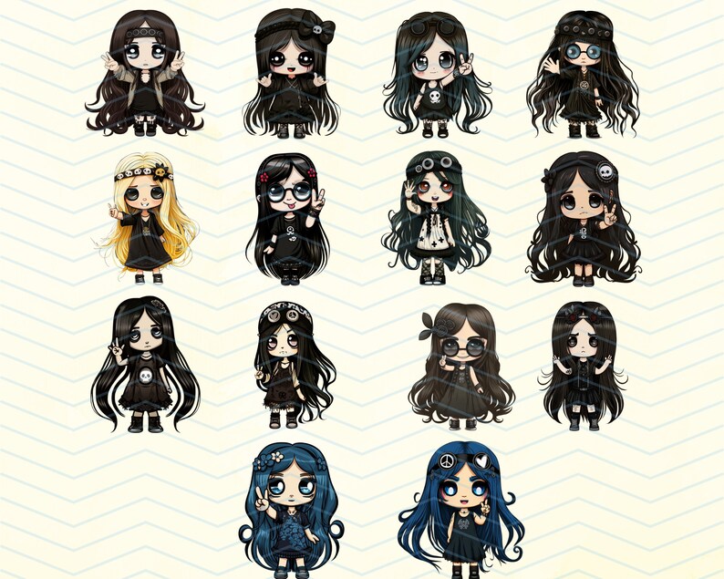 Cute Kawaii Goth Girl Peace Sign Hippy Clipart Chibi Bundle Free ...