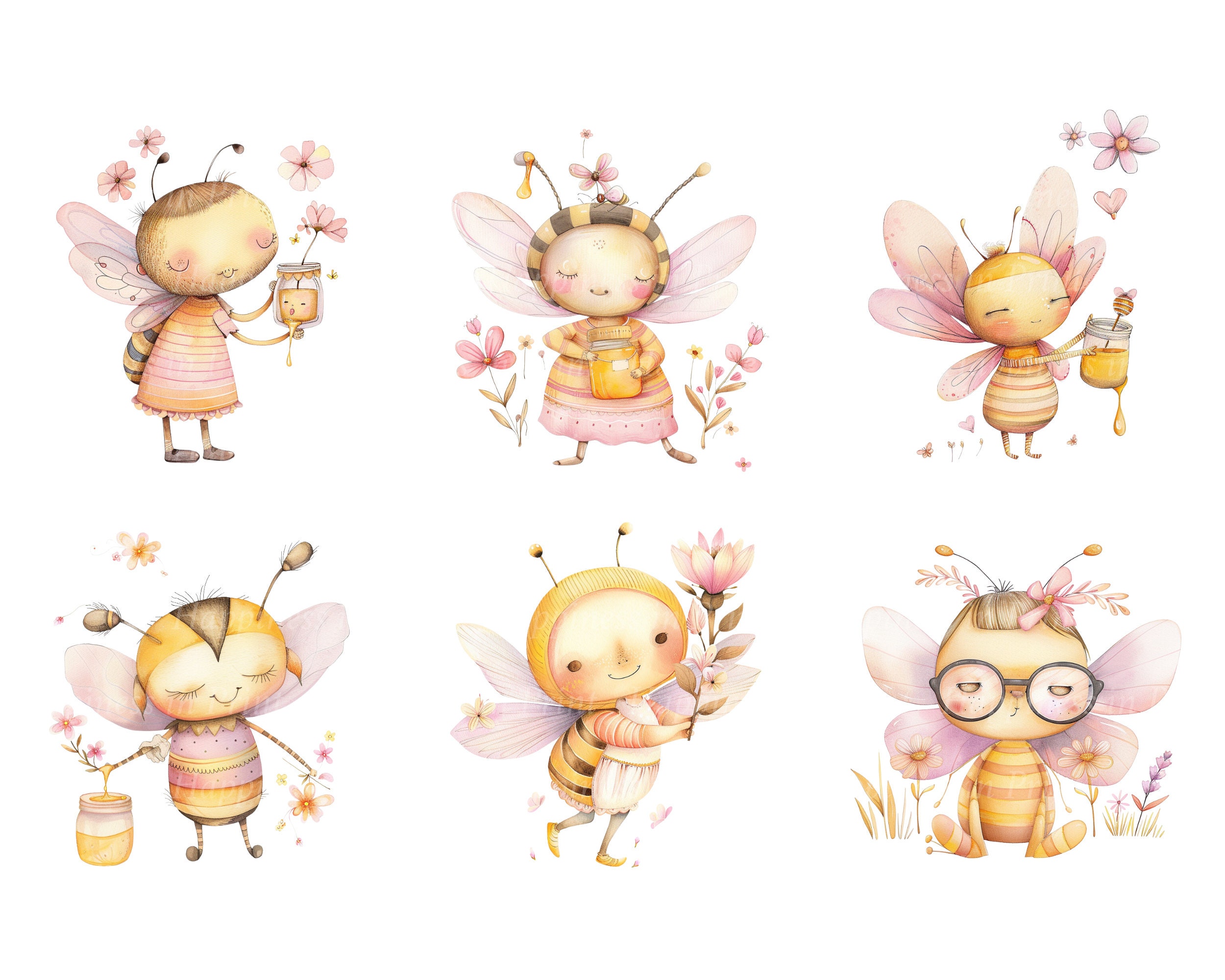 Watercolor Cute Bee Clipart Bees Clip Art Cute Animals Pastel Pink Bee ...