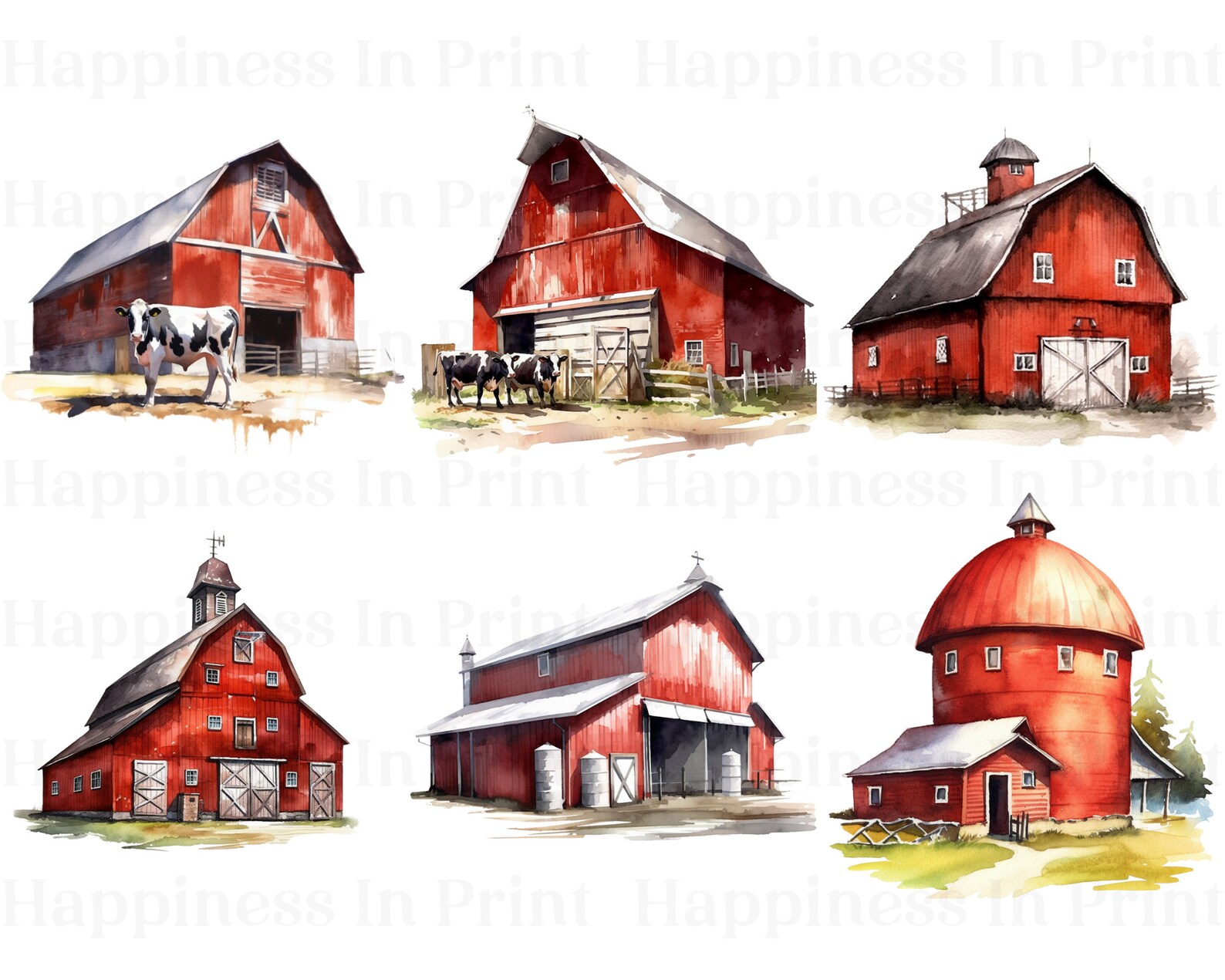 Red Farm Barn and Silo Watercolor Clipart Farmhouse Clipart - Etsy
