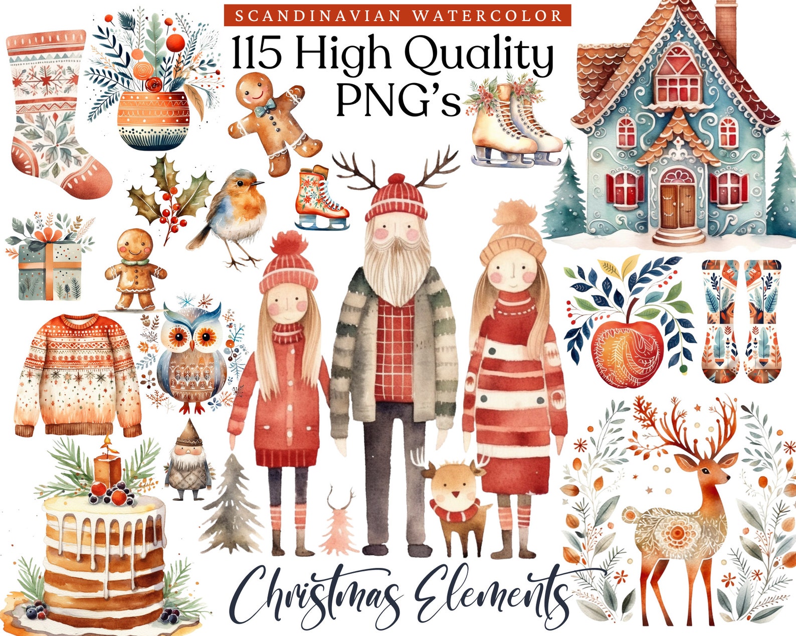 Watercolor Christmas Clipart Bundle Scandinavian Christmas PNG Folk Art ...