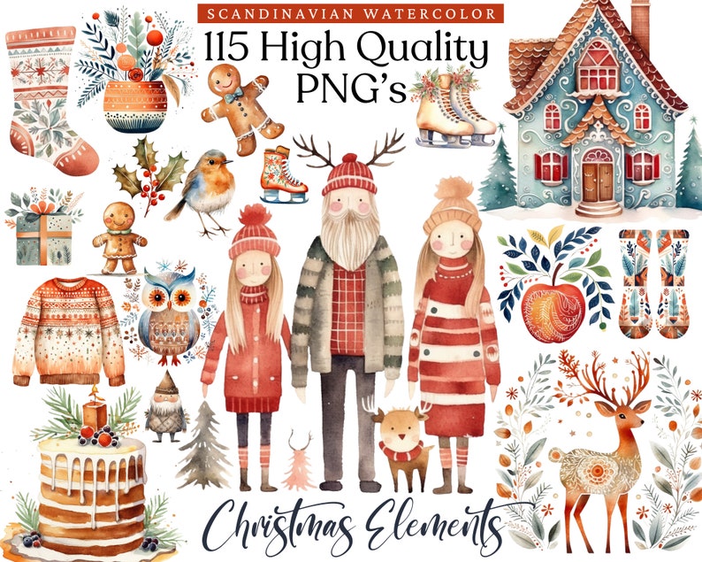 Watercolor Christmas Clipart Bundle Scandinavian Christmas PNG Folk Art ...