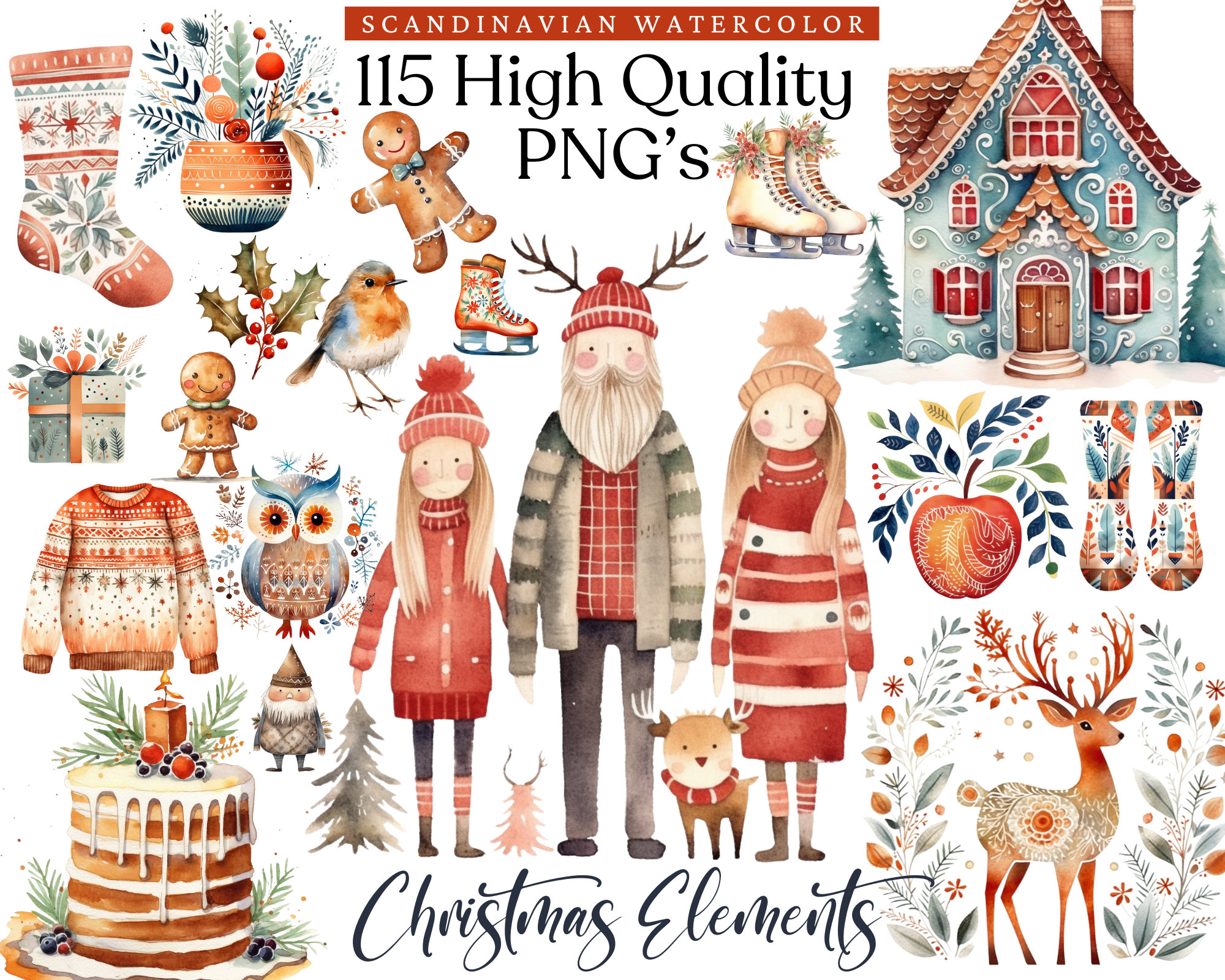 Watercolor Christmas Clipart Bundle Scandinavian Christmas PNG Folk Art ...