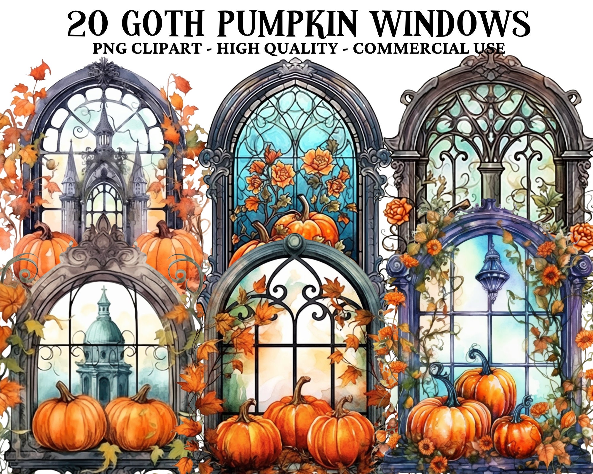 Goth Pumpkin Window Clipart Watercolor Goth Window Halloween - Etsy