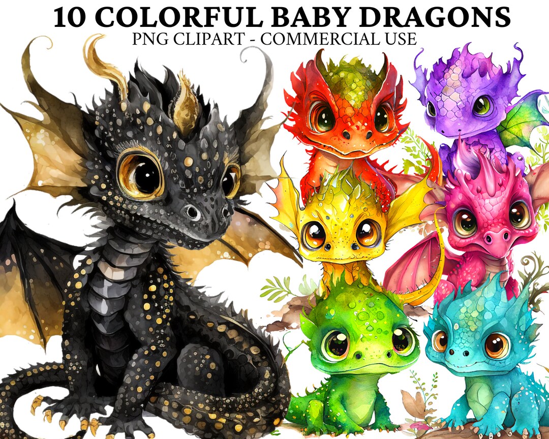 Baby Dragon Watercolor Rainbow Clipart PNG Cute Dragon Digital Download ...