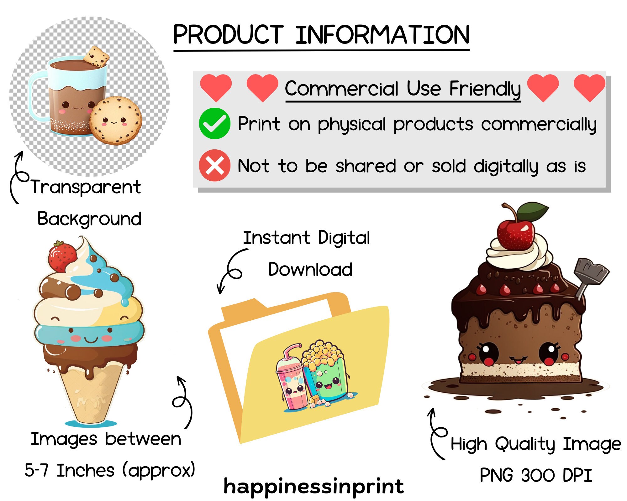 Cute Kawaii Fun Food PNG Clipart Bundle Chibi Popcorn Icecream Clipart ...