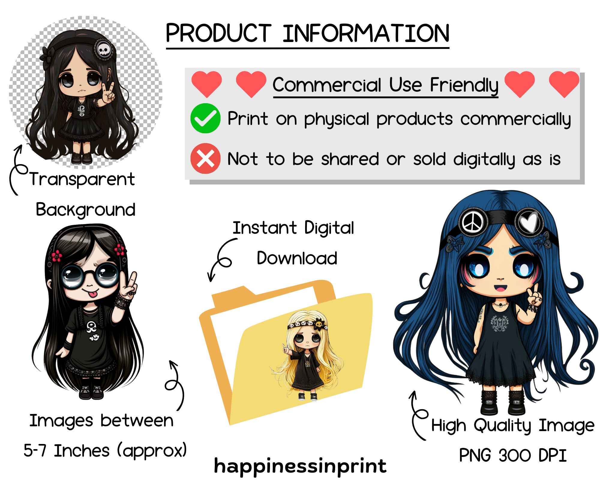 Cute Kawaii Goth Girl Peace Sign Hippy Clipart Chibi Bundle Free ...