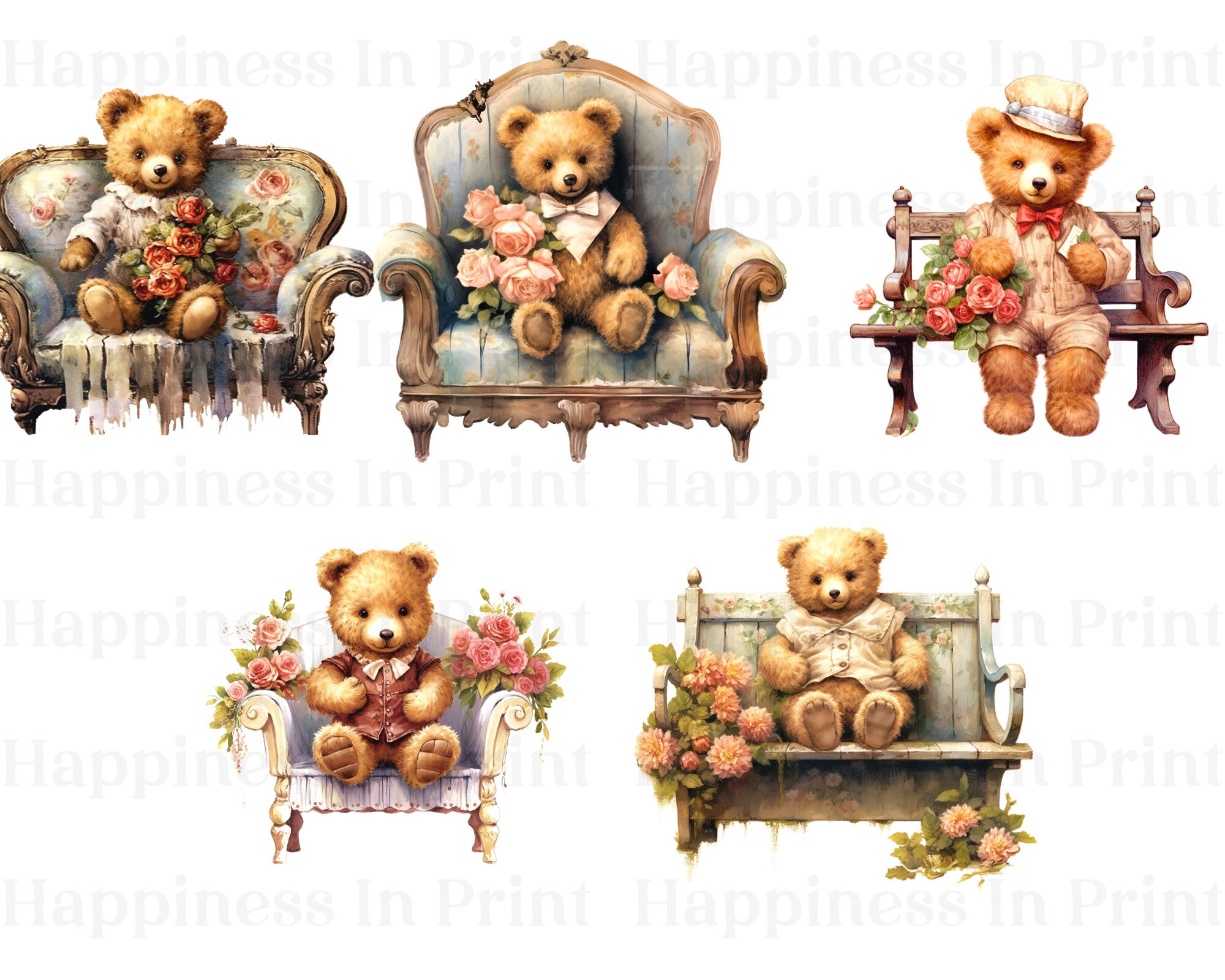 Vintage Floral Bear Clipart Vintage Bear Clipart Printable Art Planner ...