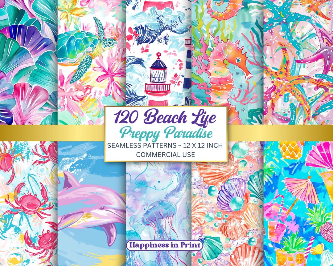 120 Preppy Sea Life Mermaid Coral Lighthouse Repeating Pattern ...