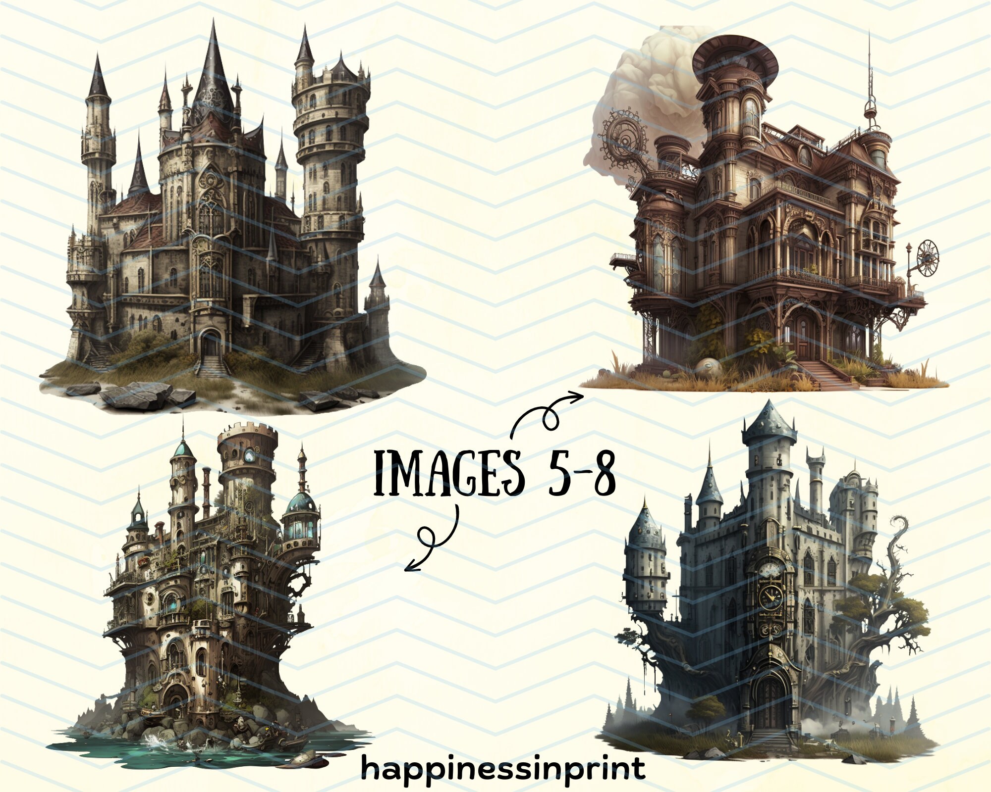 Steampunk Castles Mansions and Houses PNG Clipart Bundle Steampunk Fantasy Buildings Cottages ...