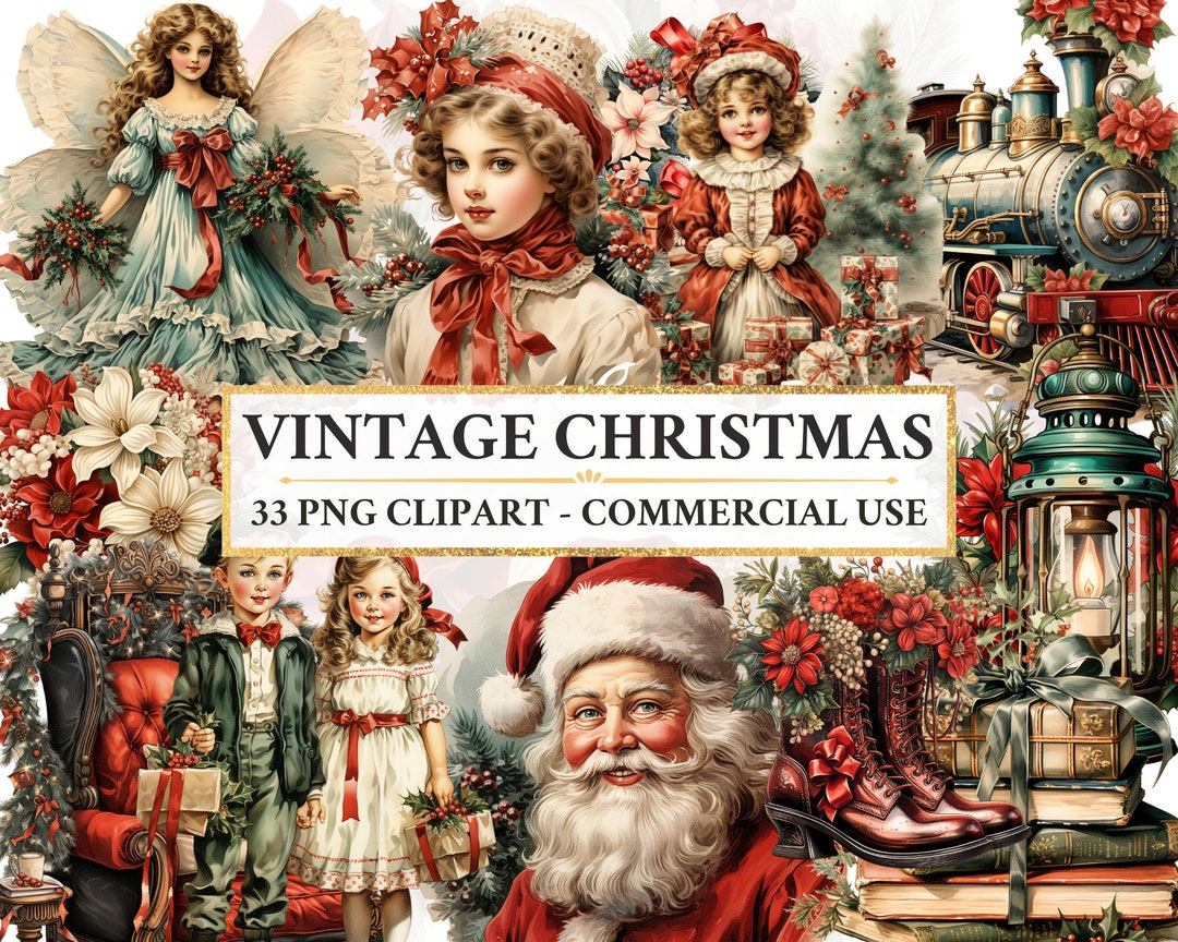 Vintage Watercolor Christmas Clipart Bundle Vintage Christmas PNG Junk ...