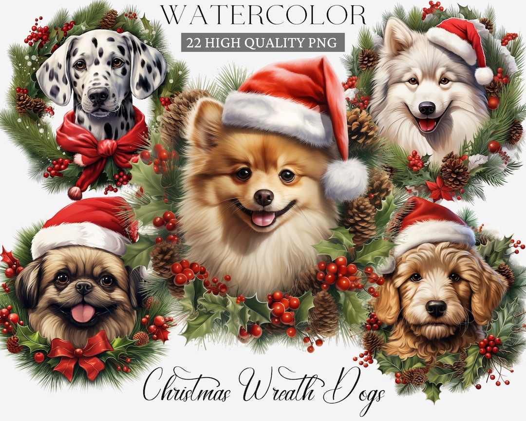 Christmas Dog Wreath Watercolor Clipart Bundle PNG Festive Pup Wreath ...