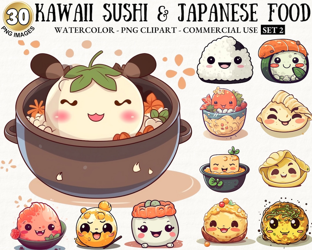 30 Kawaii Sushi and Japanese Food Clipart PNG Bundle Chibi Sushi Kawaii Ramen Chibi Tempura ...