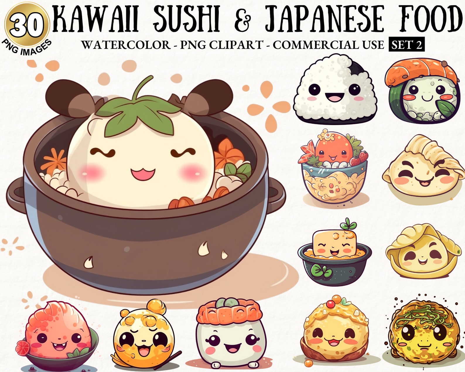 30 Kawaii Sushi and Japanese Food Clipart PNG Bundle Chibi Sushi Kawaii ...