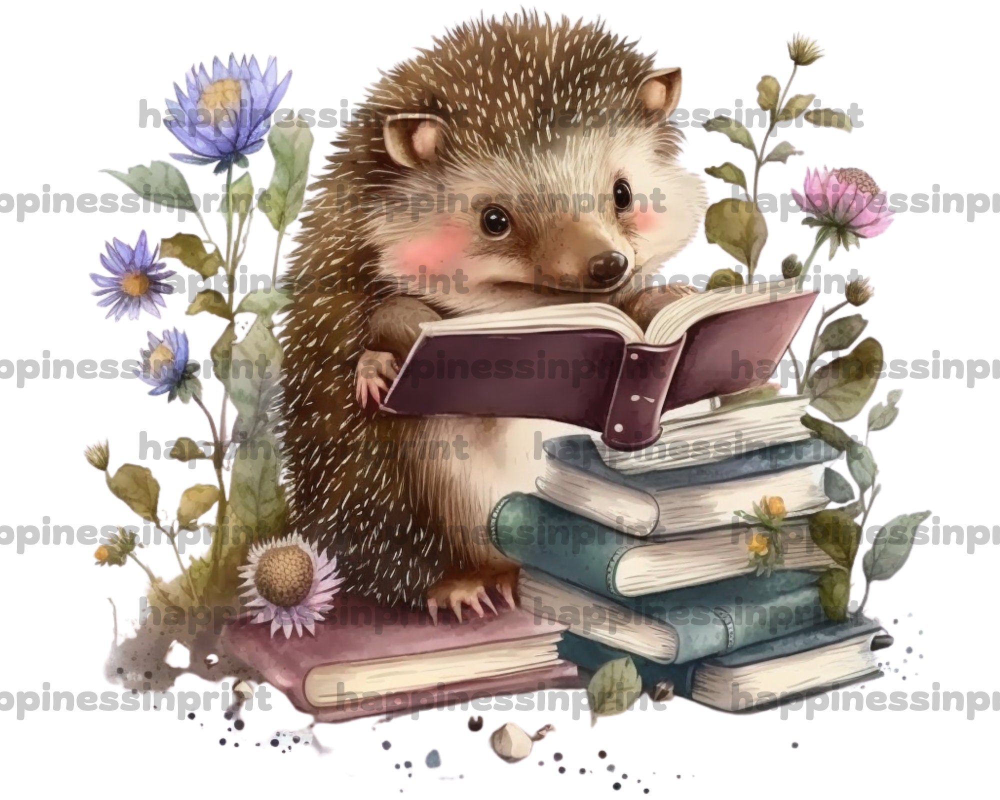 Watercolor Hedgehog Clip Art Hedgehog Reading Book Free Commercial Use ...