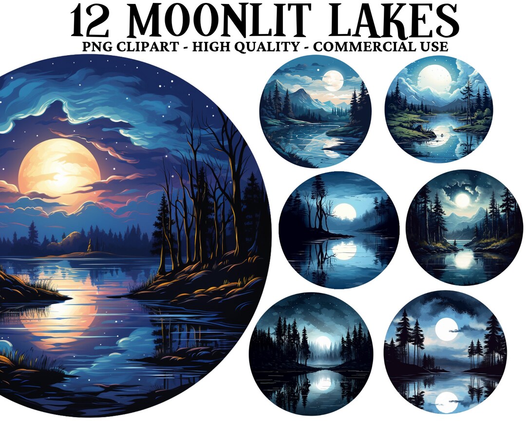 Moonlit Lake Watercolor Clipart Gift Lake Landscape Art Gift ...
