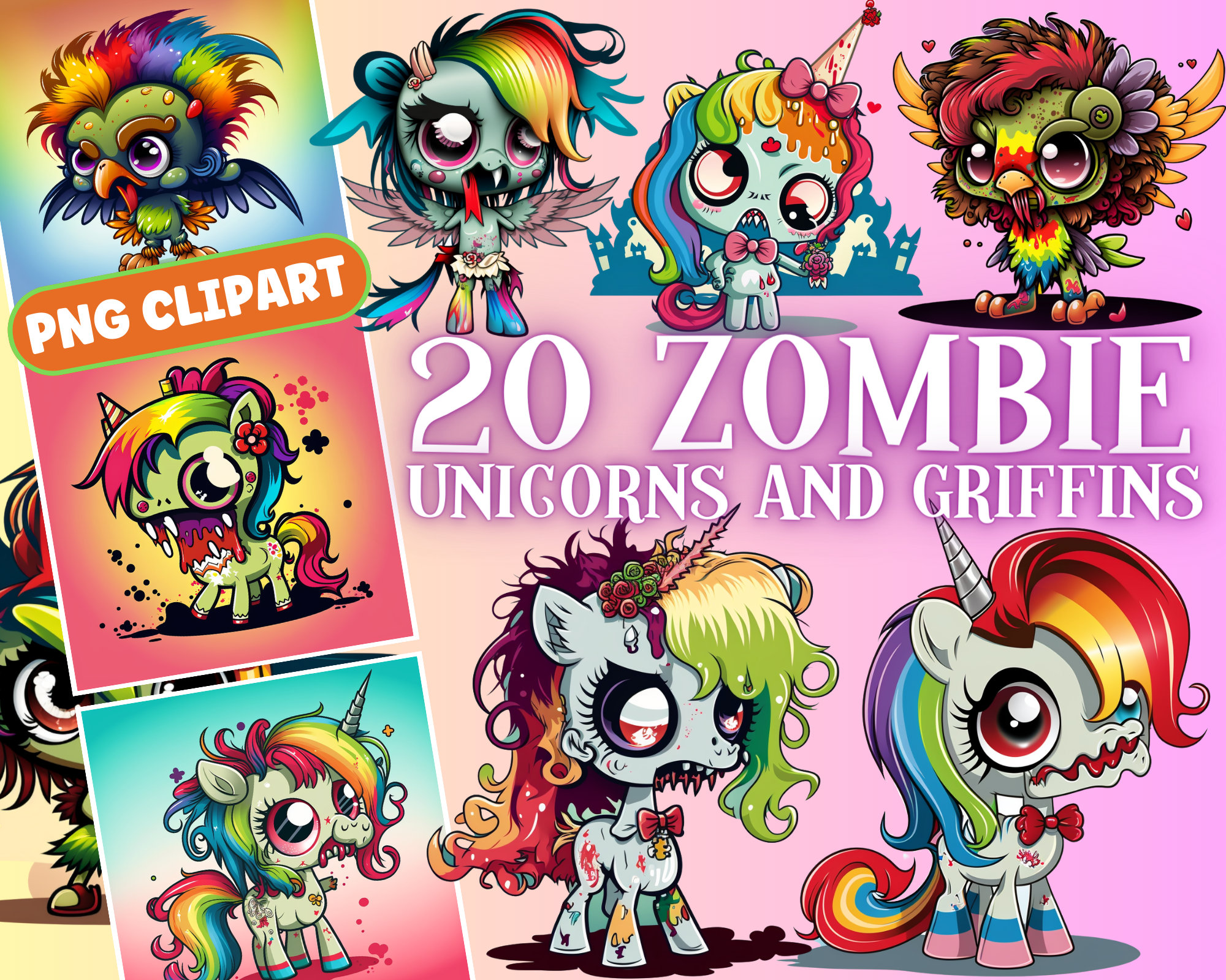 20 Cute Kawaii Zombie Unicorn And Zombie Griffin Clipart Etsy