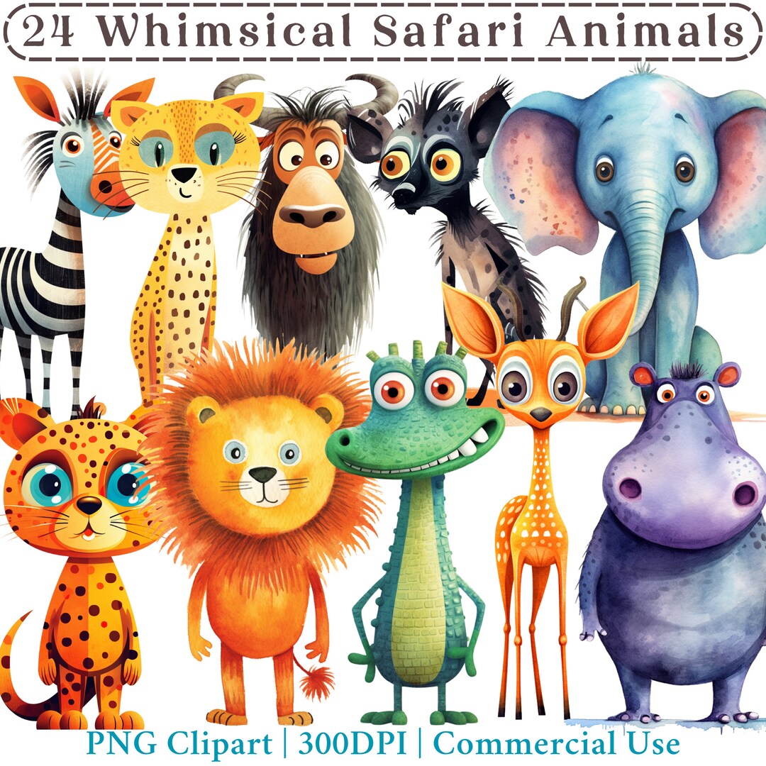 Whimsical Safari Clipart Safari Animals Quirky Lion Clip Art Animal PNG ...