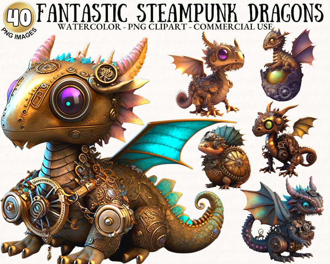 Steampunk Dragon Baby Clipart Bundle Steampunk Baby Dragon PNG Vintage Art Digital Download Free ...