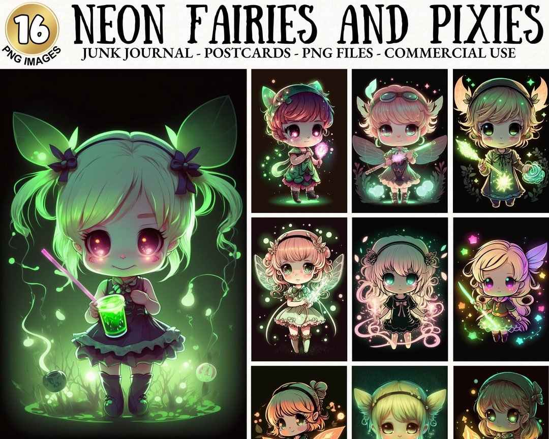 Cute Kawaii Neon Fairies and Pixies Clipart Bundle Chibi Fairy JPEG ...