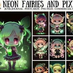 Cute Kawaii Neon Fairies and Pixies Clipart Bundle Chibi Fairy JPEG ...
