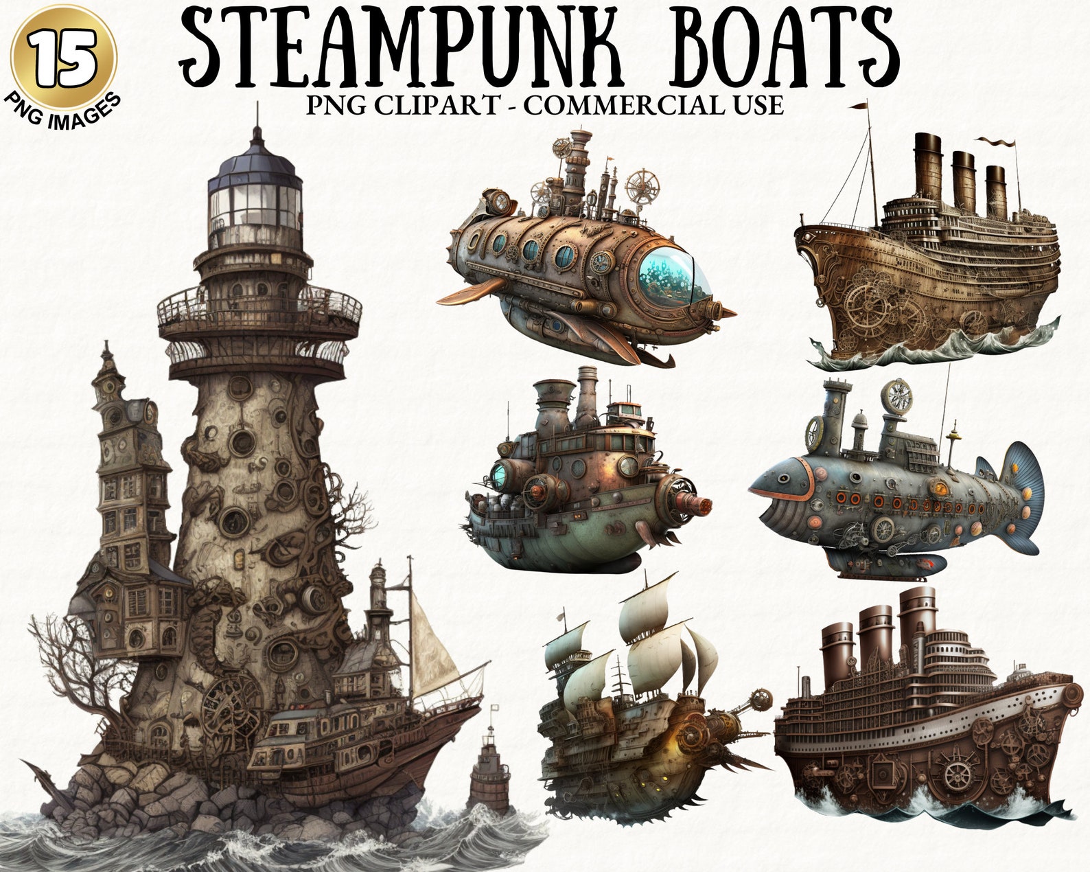 Steampunk Ships Boats Submarines PNG Clipart Bundle Steampunk Boats ...