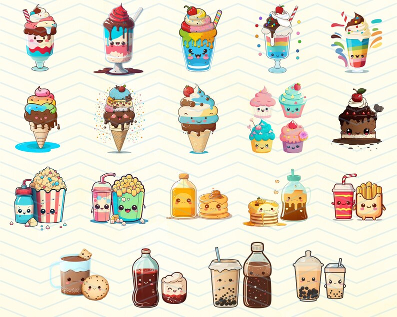 Cute Kawaii Fun Food PNG Clipart Bundle Chibi Popcorn Icecream Clipart ...