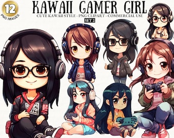 Cute Gamer Girl Sticker Gaming Planner Clipart Chibi Bundle Free ...